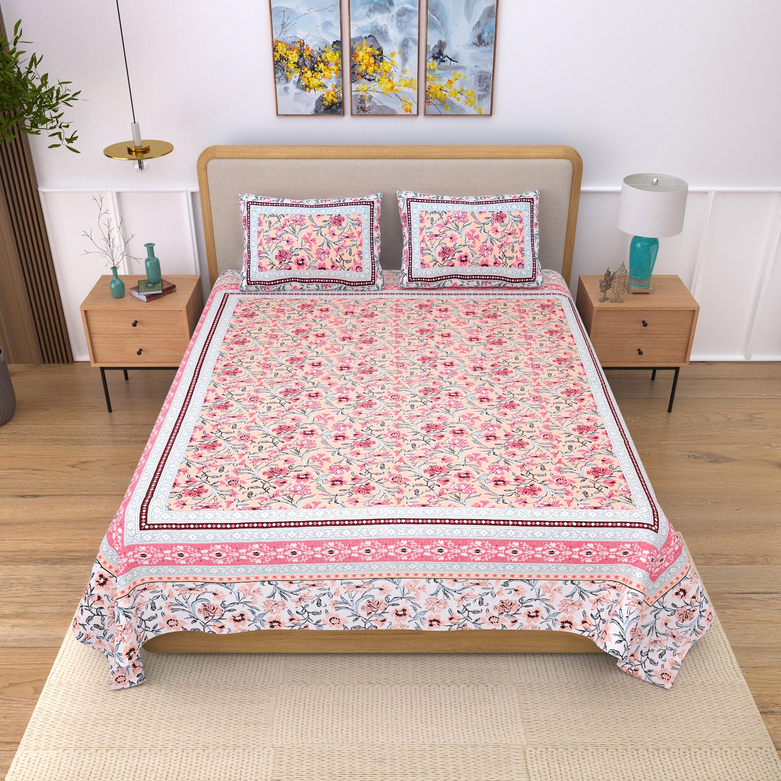 Hand Block Printed Cotton Bed Cover With Pillow Cases: Jaipuri Floral ...