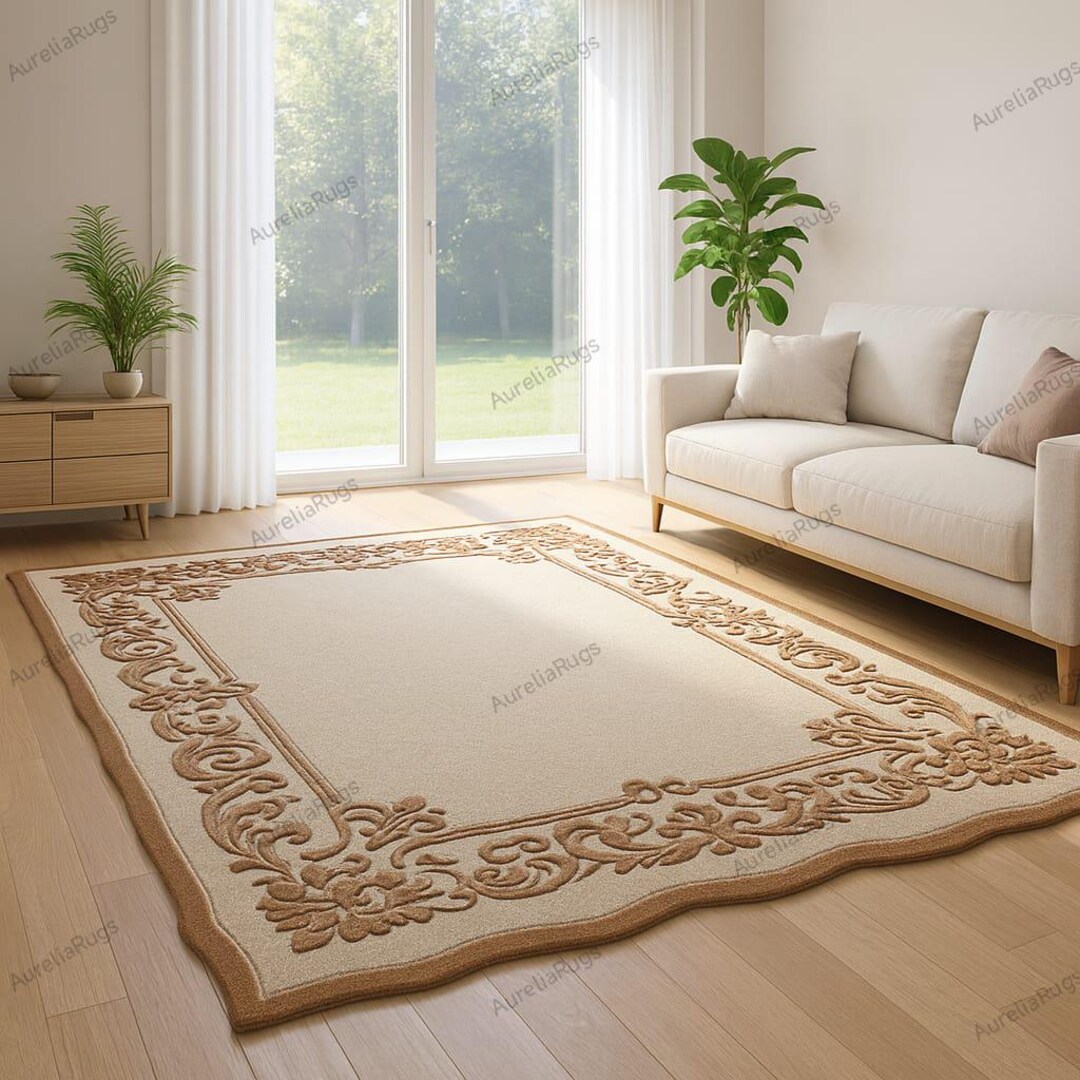 Beige Floral Border Rug – 3D Sculpted, Elegant Centerpiece - Etsy