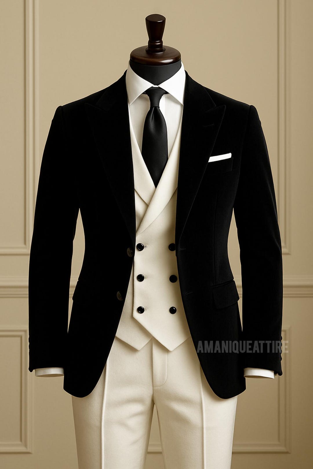 Mens Black Velvet & Ivory Three Piece Suit | Custom Tailored Wedding ...
