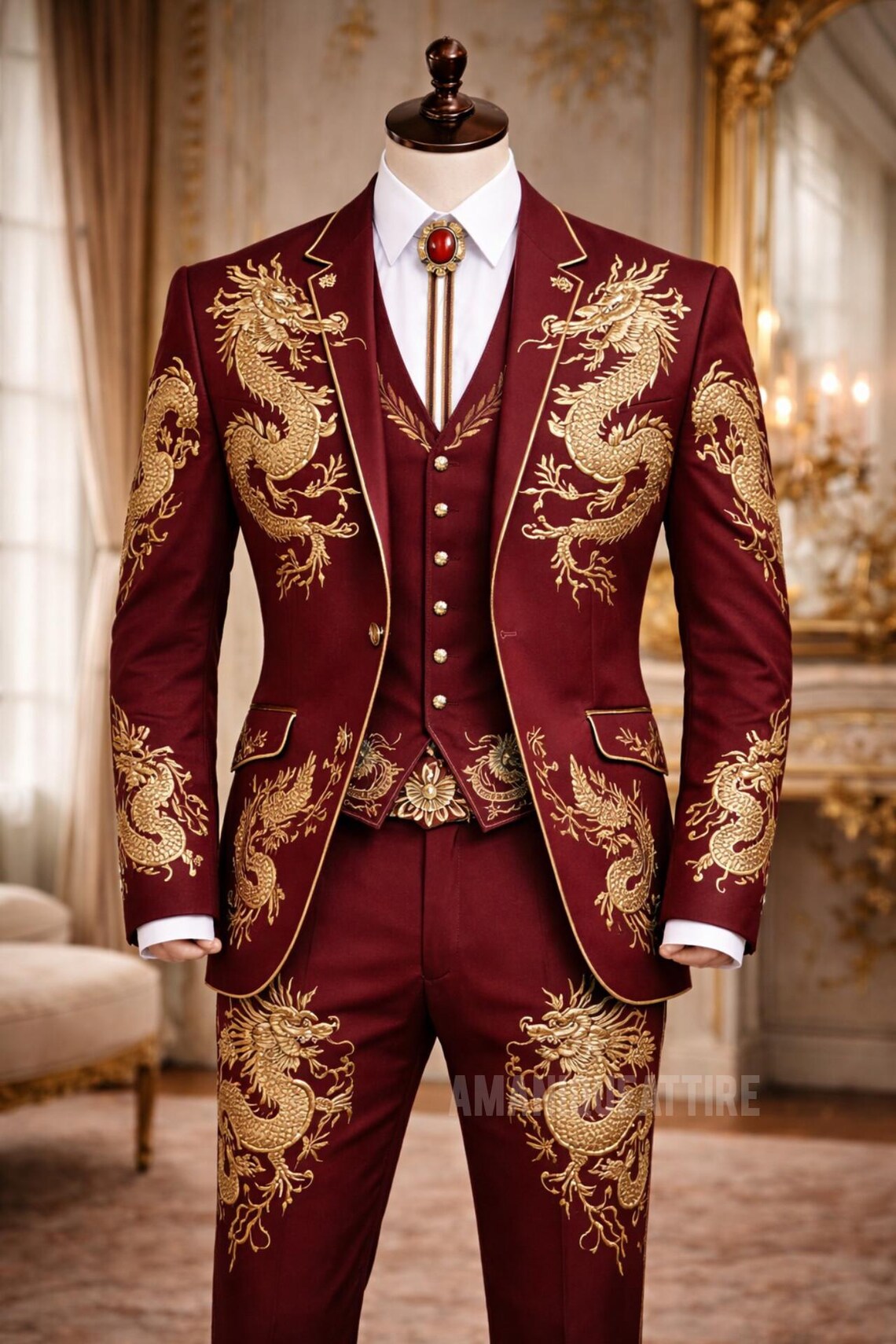 Luxury Red Dragon Embroidery Three Piece Suit | Custom Tailored Wedding ...