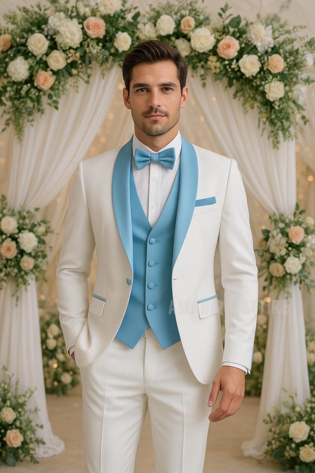 Off White & Aqua Blue Tuxedo Suit: Custom Tailored 3-piece Wedding Suit ...