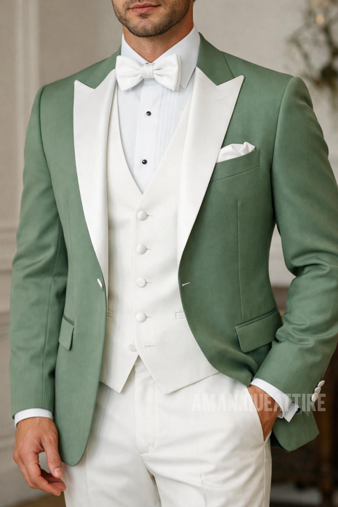 Terno masculino de três peças em verde sálvia e marfim | Roupa de ...