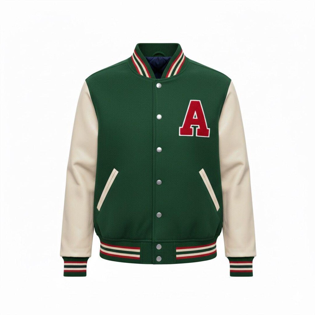 Retro College Varsity Jacket – Green Wool-look Body & Beige Sleeves ...