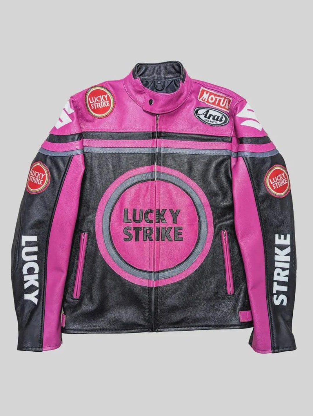 Lucky Strike Leather Racing Jacket – Pink & Black Vintage Motogp Biker ...