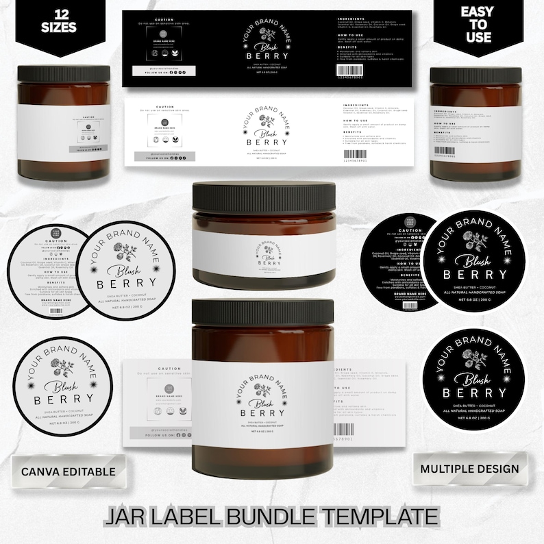 Jar Label Templates Bundle, 12 Sizes, Cosmetic Jar Labels, Minimalistic ...