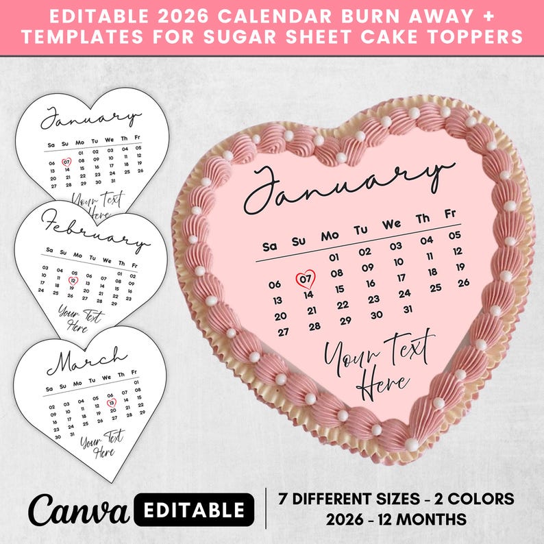 2026 Custom Calendar Heart Cake Toppers, Burn Away Cake Topper Calendar ...