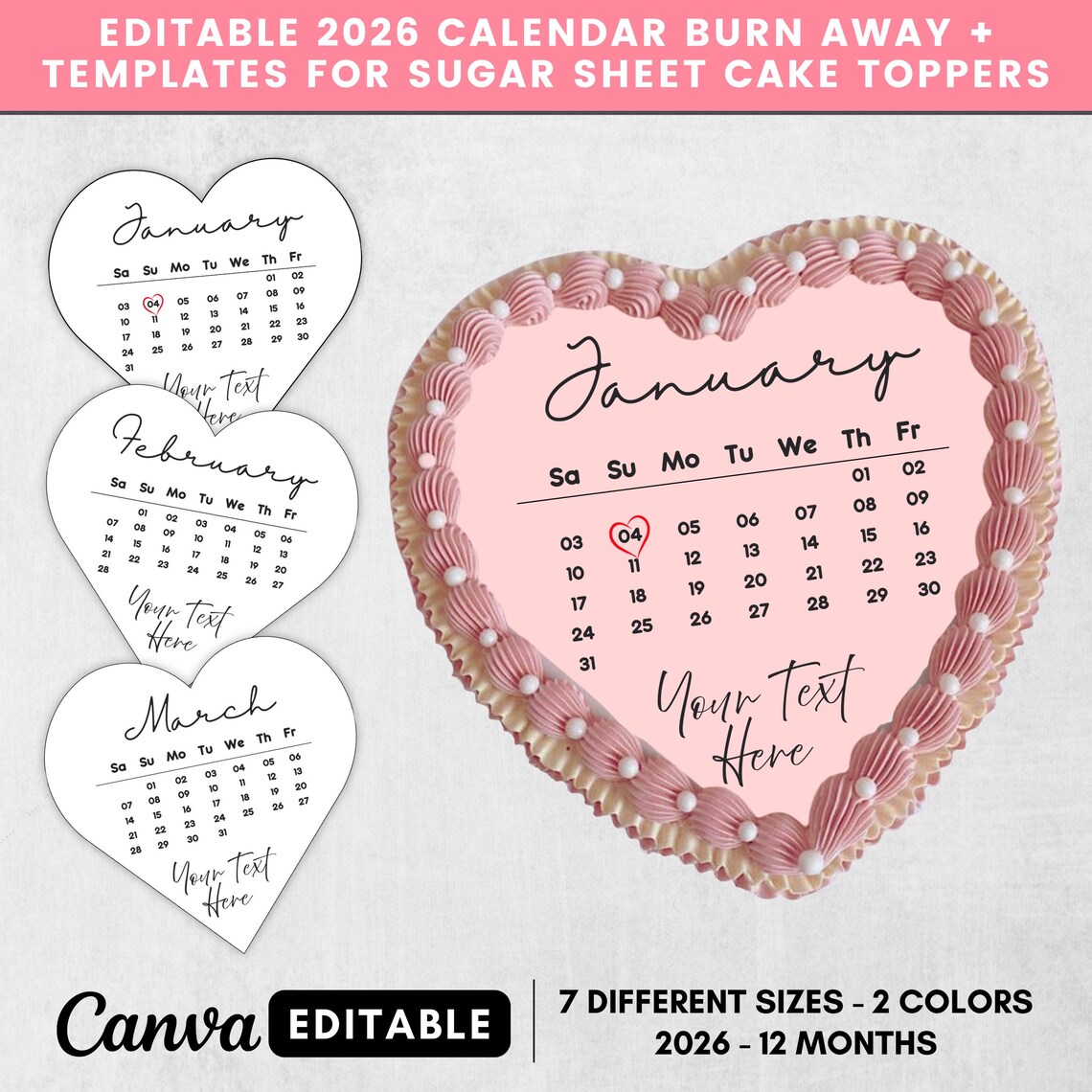 2026 Custom Calendar Heart Cake Toppers, Burn Away Cake Topper Calendar ...