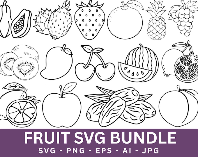 Fruit Line Art SVG PNG, Tropical Fruits Clipart, Food Illustration ...