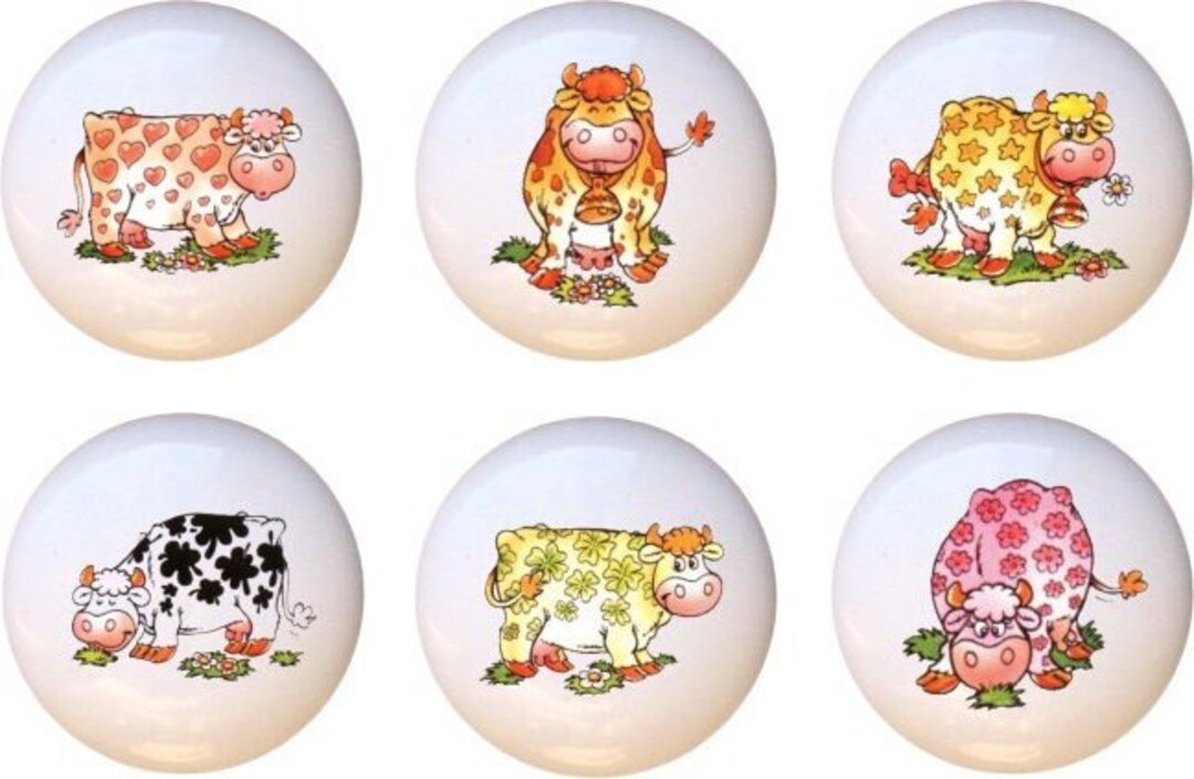 Set of 6 - Designer Cows Cow Decorative Glossy Ceramic Drawer Pulls ...