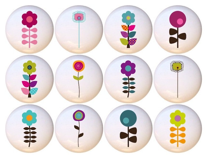 Set of 12 - Retro Flowers by PP Flower Ceramic Drawer Pull Cabinet ...