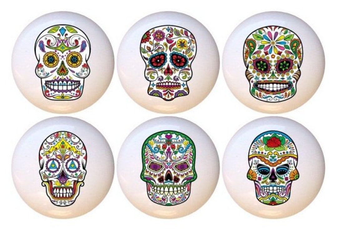 Set of 6 - Sugar Skulls Jolly Roger Skeleton Colorful Decorative Glossy ...