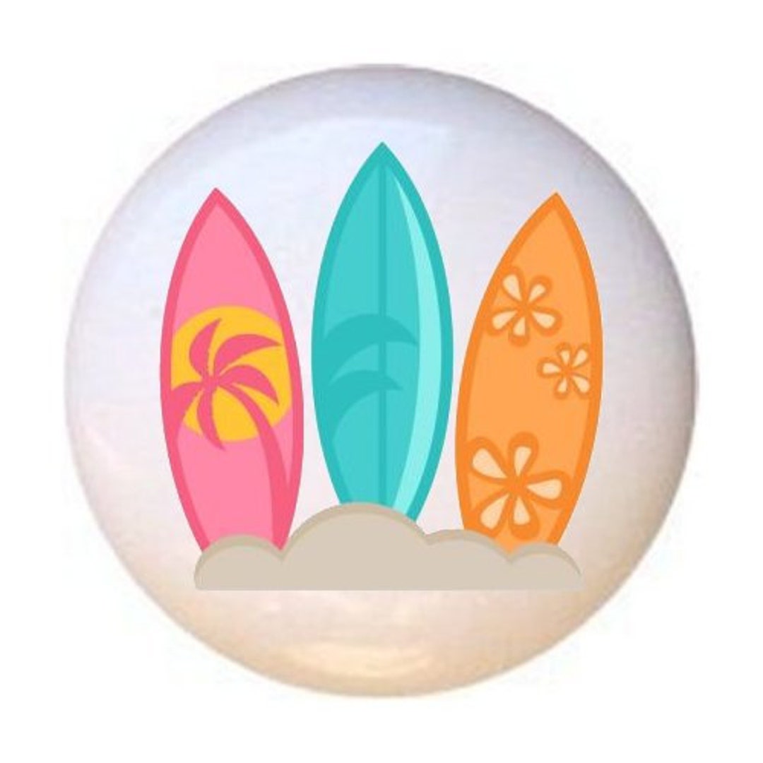 Surf Surfing Pastel Surfboards Beach Images on 1.5" DECORATIVE Glossy Ceramic Dresser Drawer ...