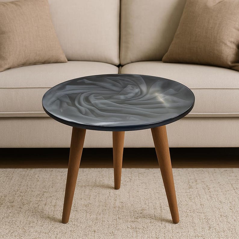 Handmade Epoxy Resin Side Table: Fabric Swirl Effect, Solid Wood Legs ...