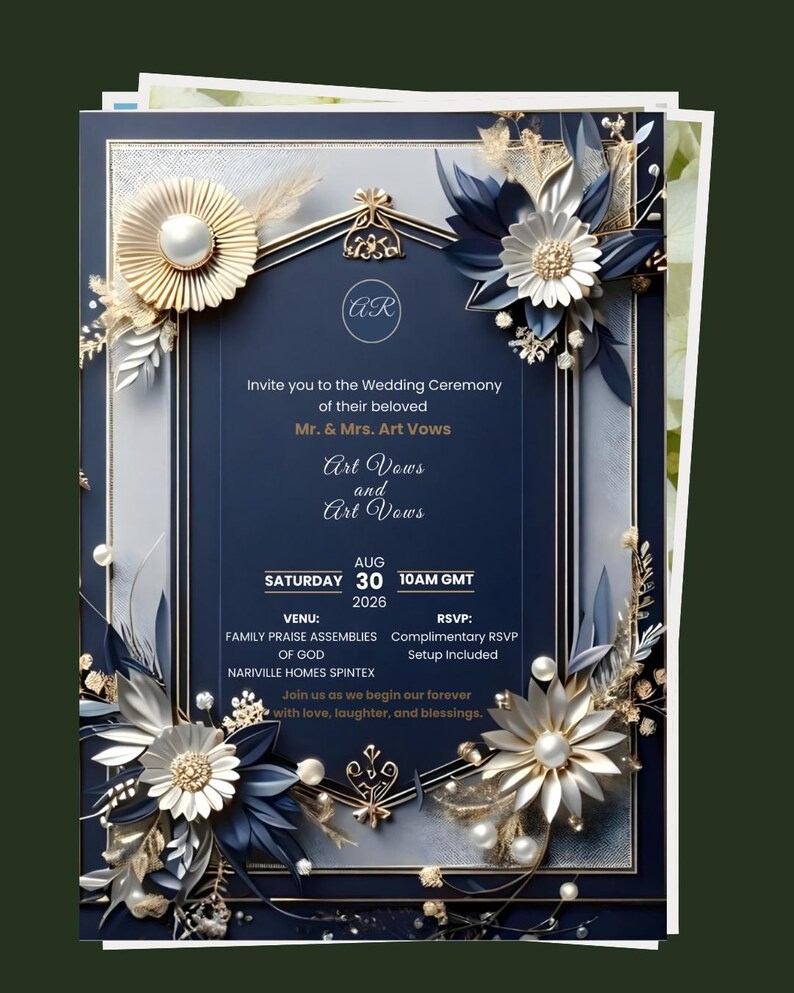 Luxury Blue and Gold Wedding Invitation Template | Elegant Floral ...