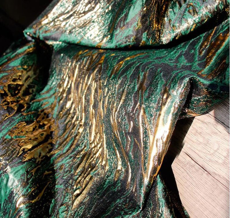 Dark Green Golden Texture Shiny Glossy Jacquard Fabric Party Evening ...