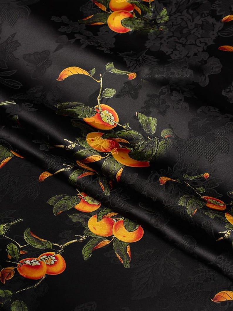 Black Orange Persimmon Satin Jacquard Fabric Silk Smooth Breathable ...