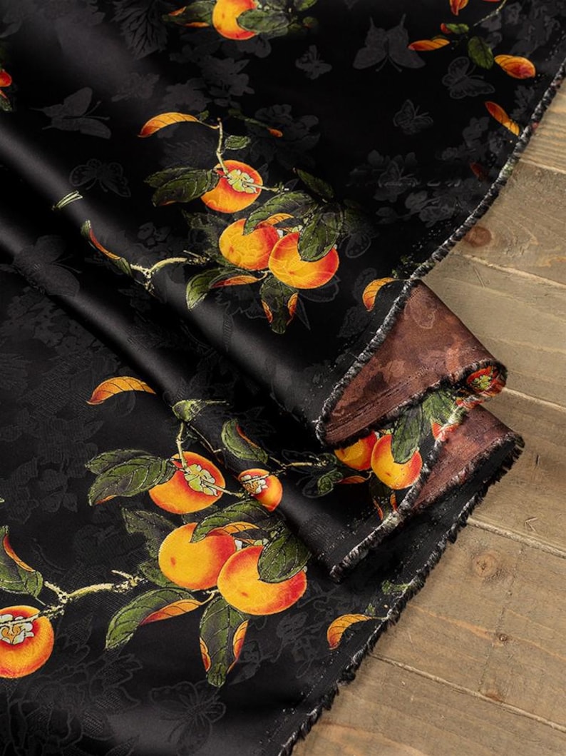 Black Orange Persimmon Satin Jacquard Fabric Silk Smooth Breathable ...