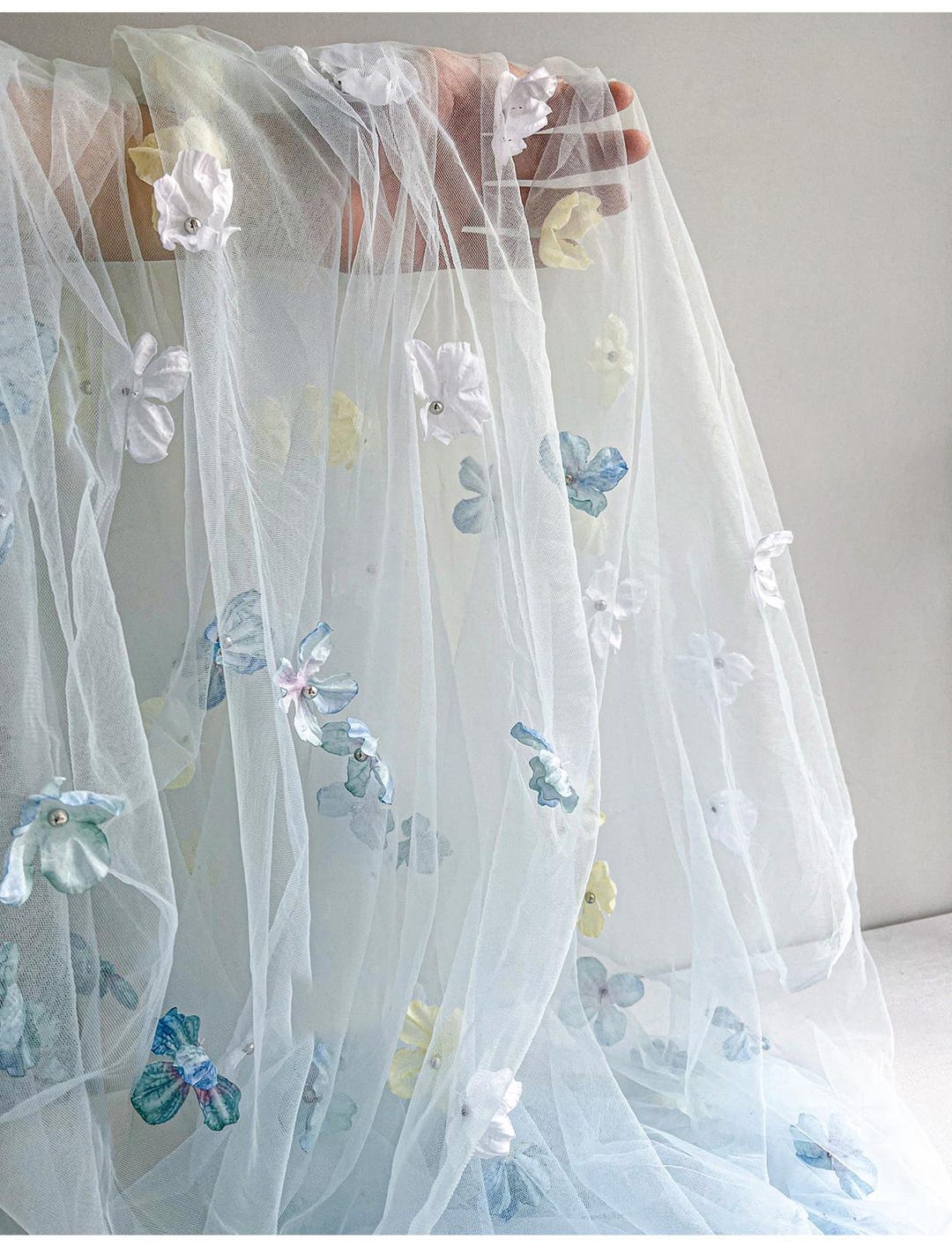 Blue Flower Soft Mesh Gauze Gradient Yarn Fabric Wedding Dress Party ...