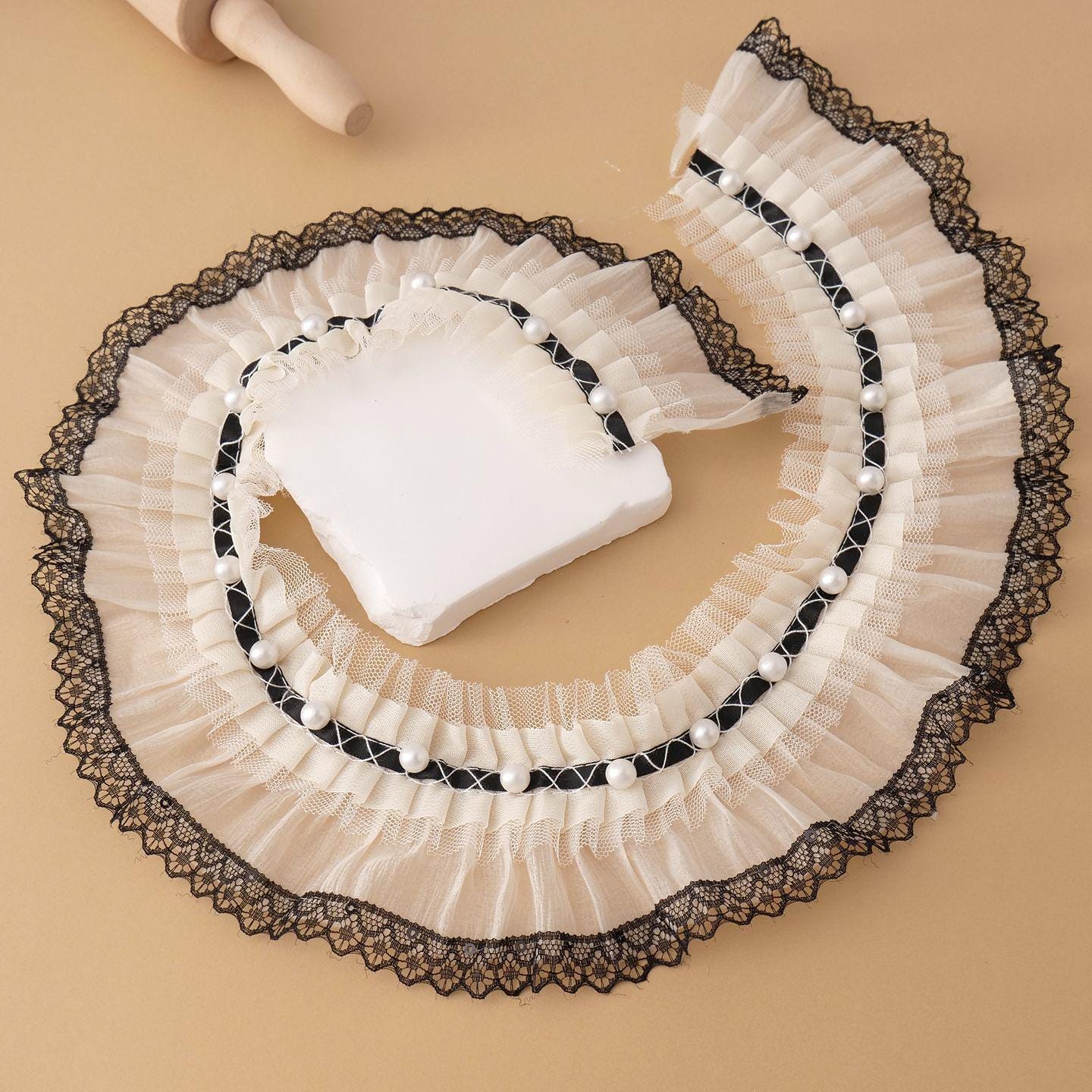 5 Meters 7cm 2.75" Wide Apricot Black Beads Ruffle Pleat Mesh Lace Trim ...