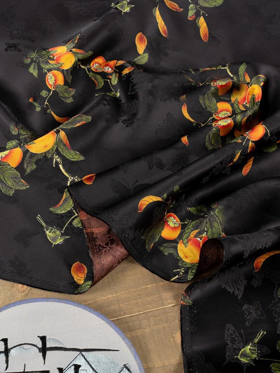 Black Orange Persimmon Satin Jacquard Fabric Silk Smooth Breathable ...