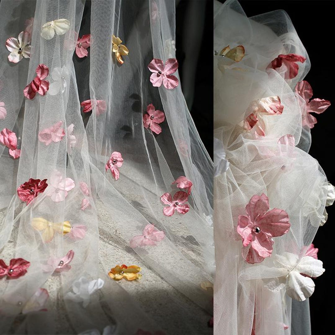 Ivory Falling Dreamy Flowers Nail Beads Perspective Mesh Fabric Wedding ...