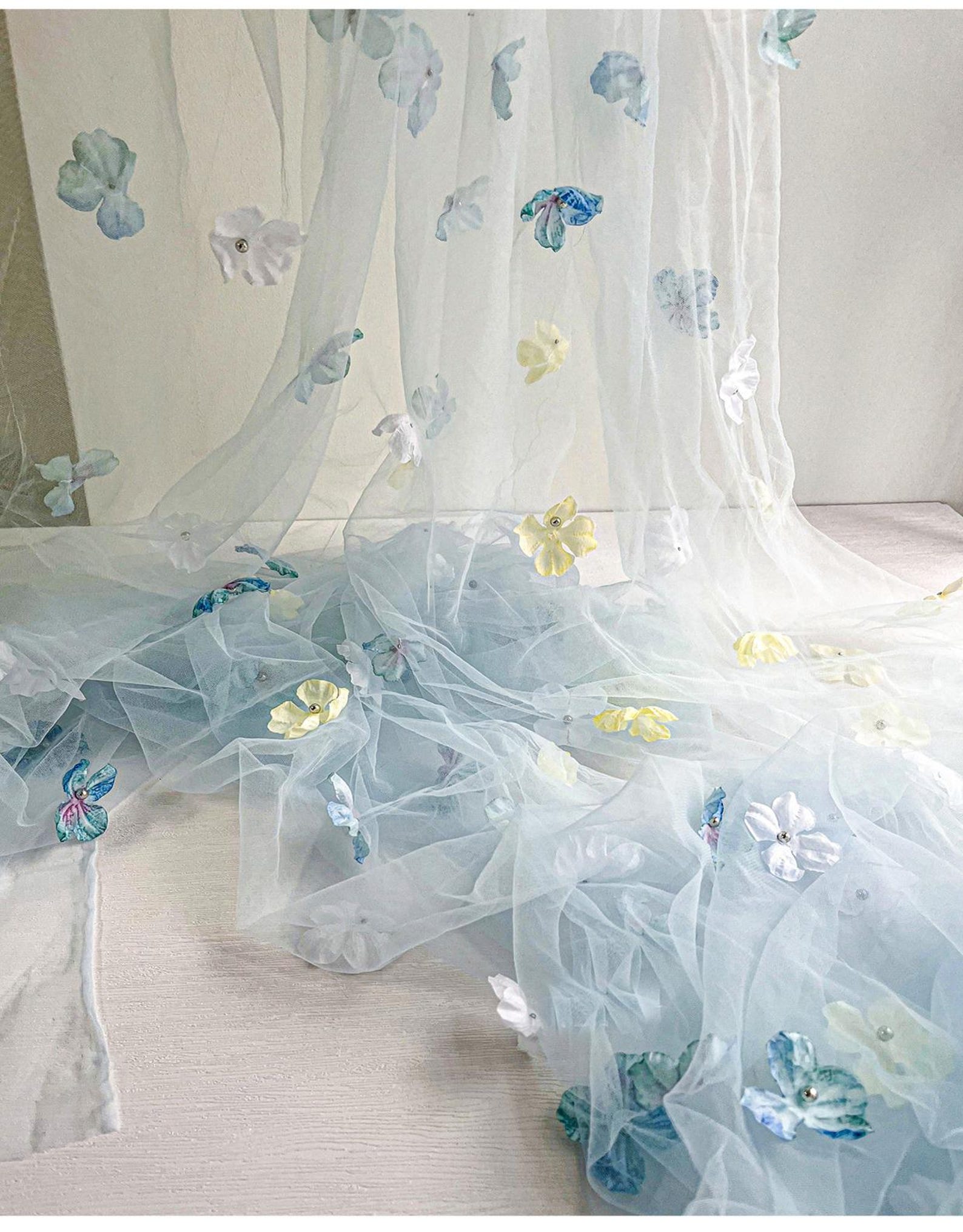 Blue Flower Soft Mesh Gauze Gradient Yarn Fabric Wedding Dress Party ...
