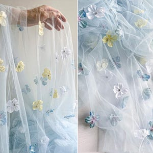 Blue Flower Soft Mesh Gauze Gradient Yarn Fabric Wedding Dress Party ...