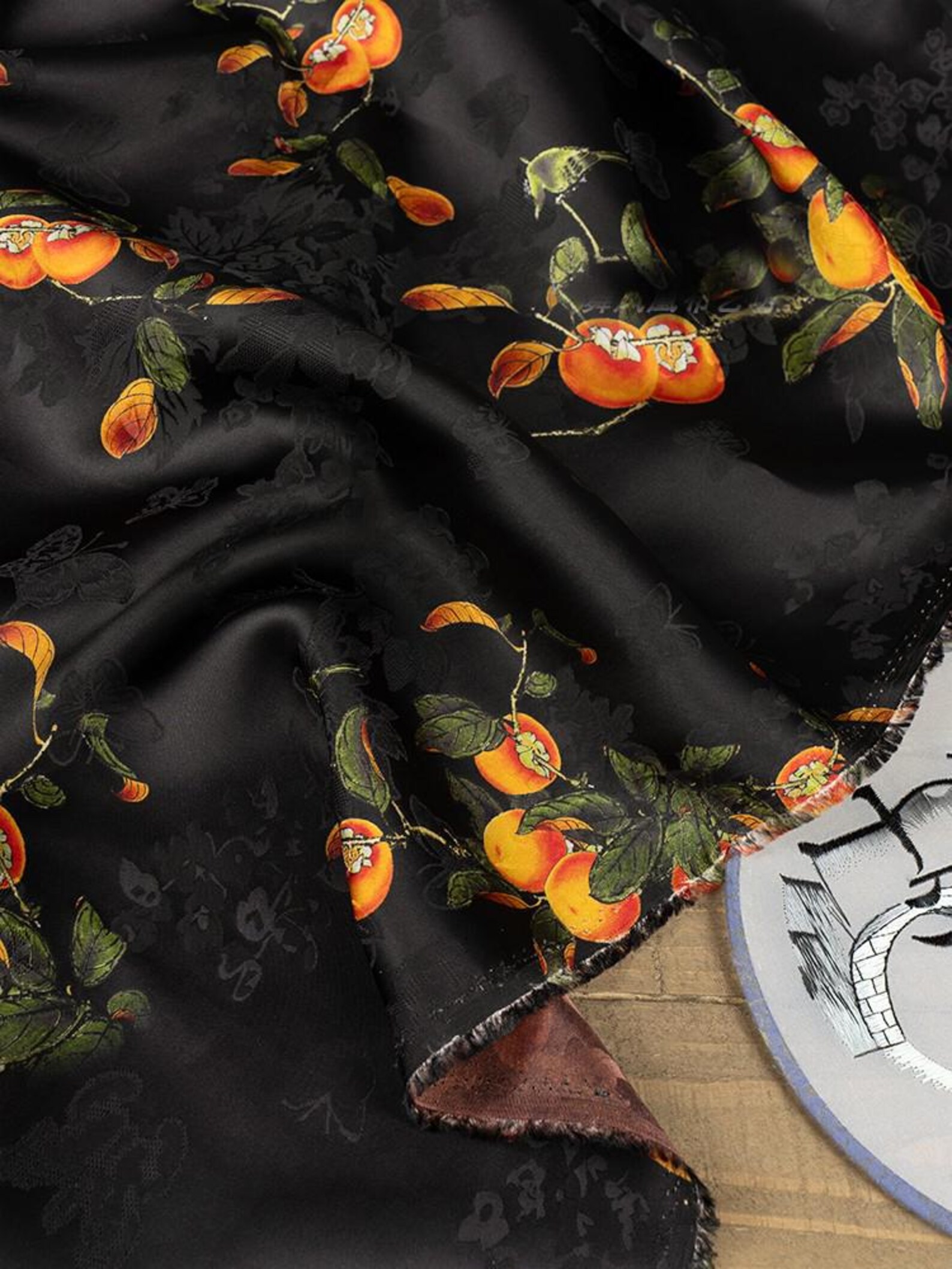 Black Orange Persimmon Satin Jacquard Fabric Silk Smooth Breathable ...