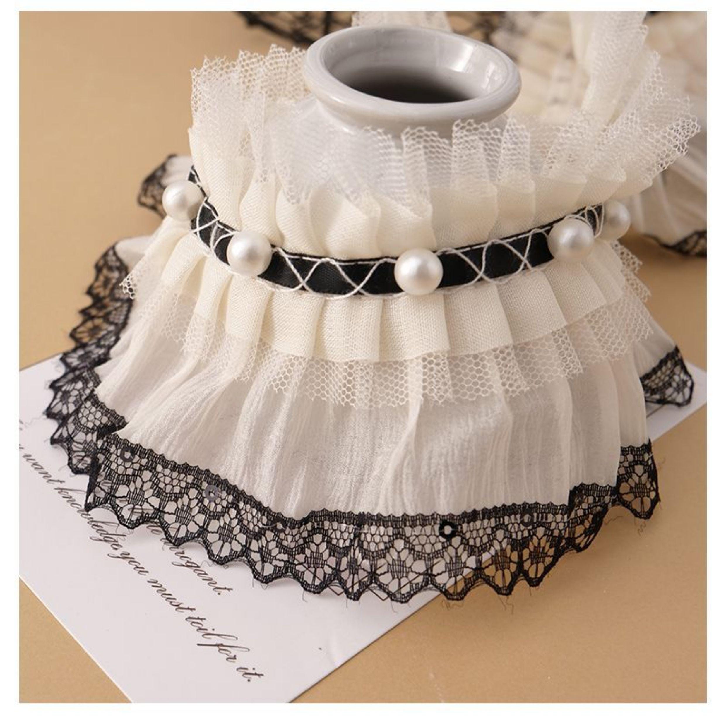 5 Meters 7cm 2.75" Wide Apricot Black Beads Ruffle Pleat Mesh Lace Trim ...