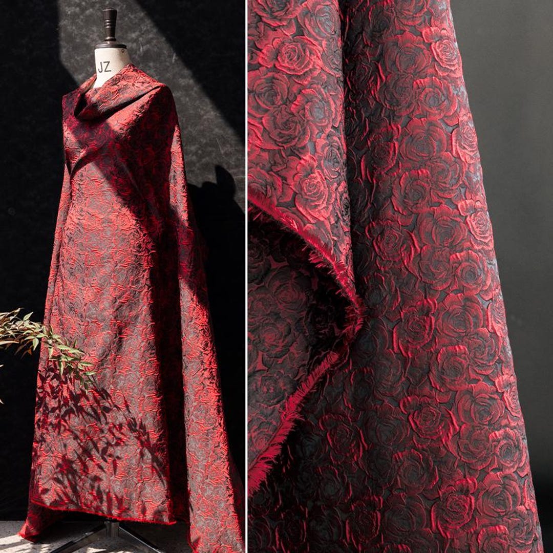 Wine Red Rose Jacquard Fabric Wedding Party Diy Dress Pants Skirt Shirt ...