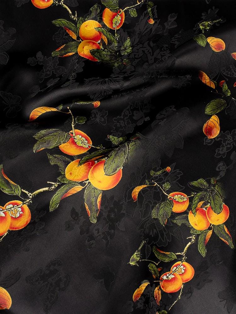 Black Orange Persimmon Satin Jacquard Fabric Silk Smooth Breathable ...