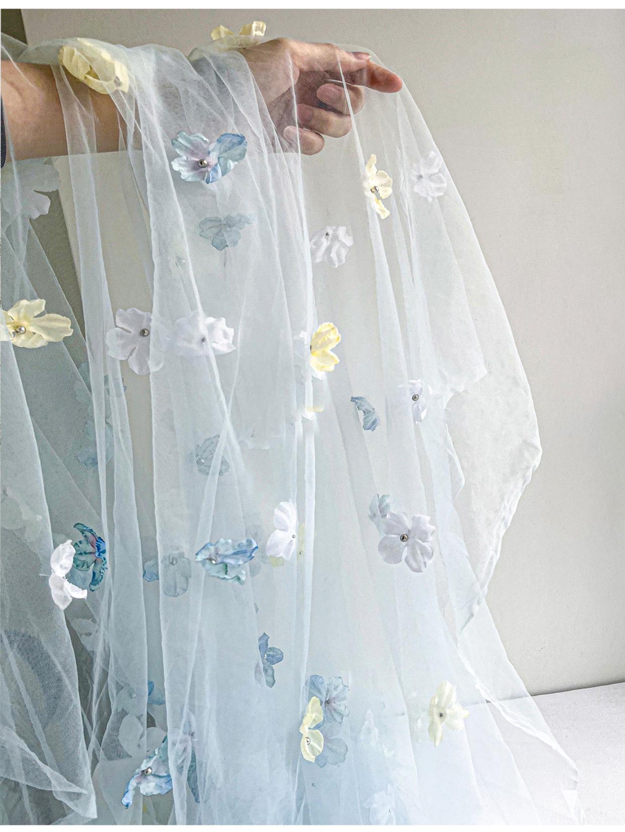 Blue Flower Soft Mesh Gauze Gradient Yarn Fabric Wedding Dress Party ...