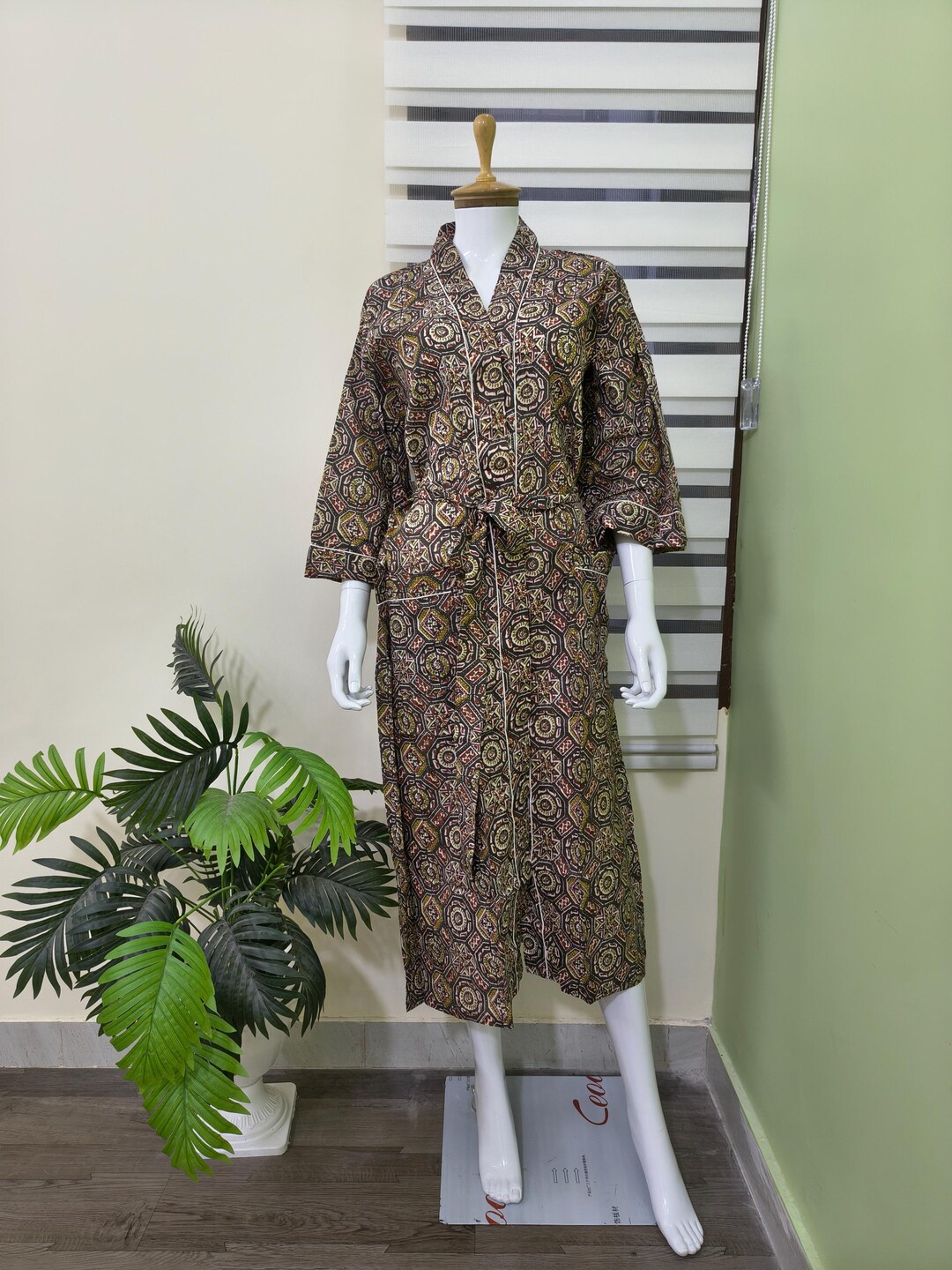 Cotton Kimono Robe, Earth Tones Block Print, Long Loungewear Women's ...