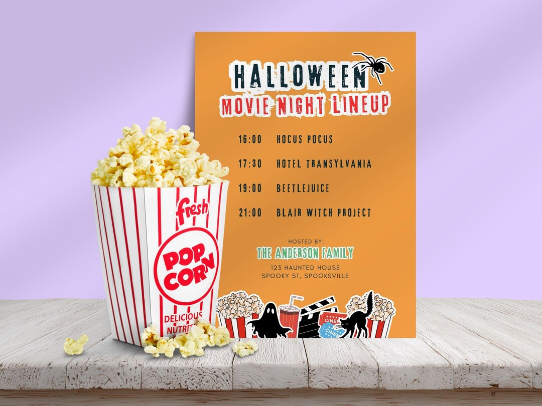 Halloween Outdoor Movie Night Lineup, Printable Party Sign, Editable ...