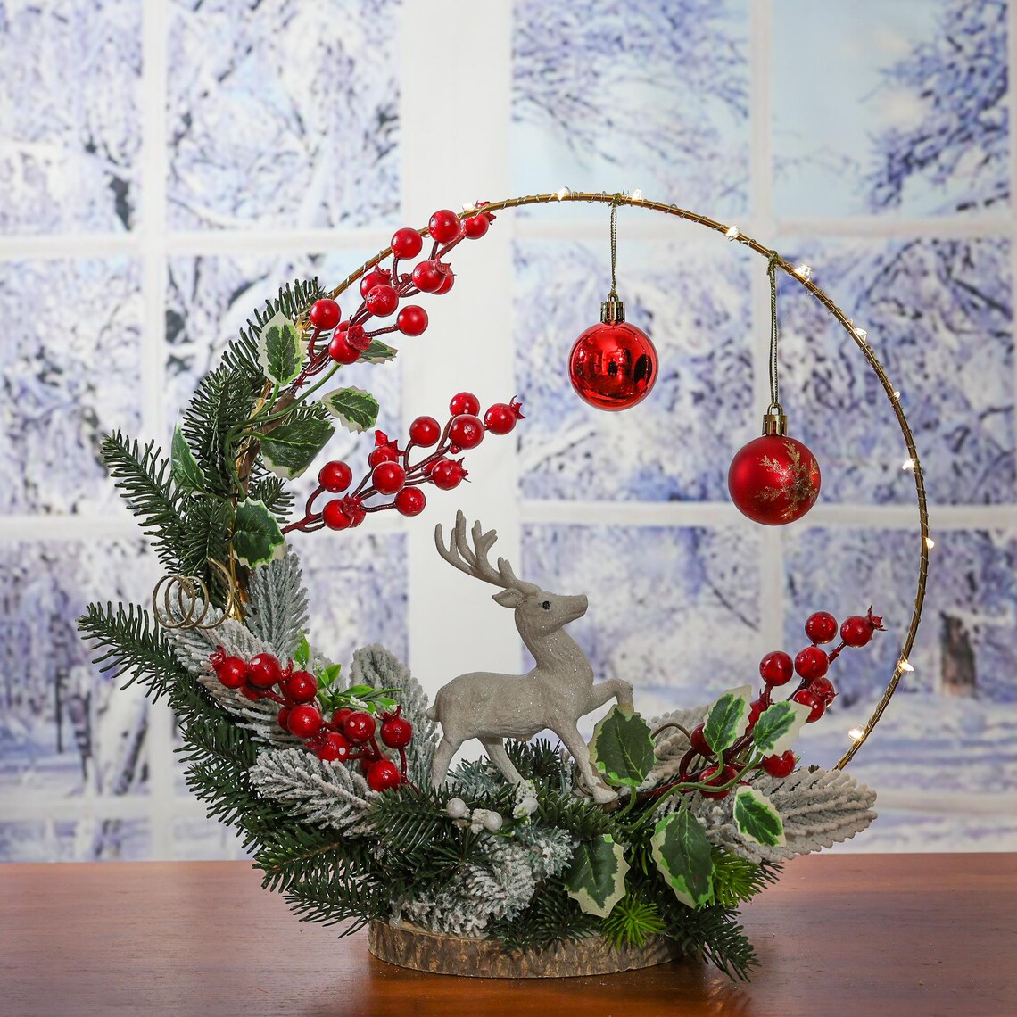 LED Lighted Deer Hoop 12 Inch Wreath, Modern Asymmetrical Christmas ...