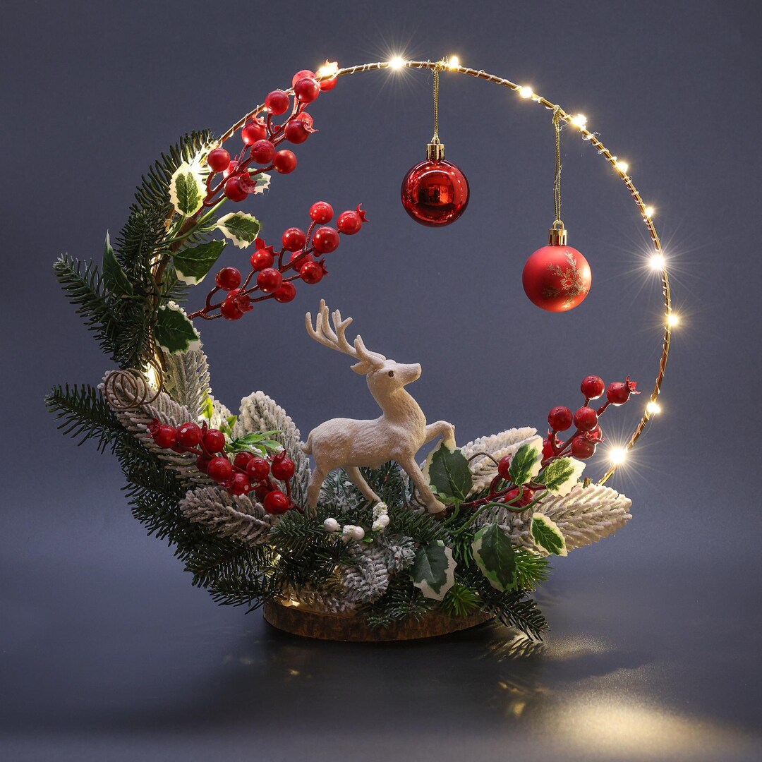 LED Lighted Deer Hoop 12 Inch Wreath, Modern Asymmetrical Christmas ...