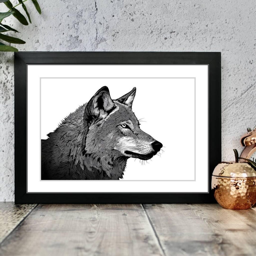 Black and White Wolf Portrait Art Print (a4/unframed) - Etsy