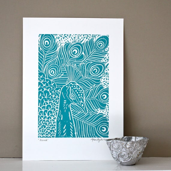 Peacock Linocut Art Print a4/unframed/signed | Etsy