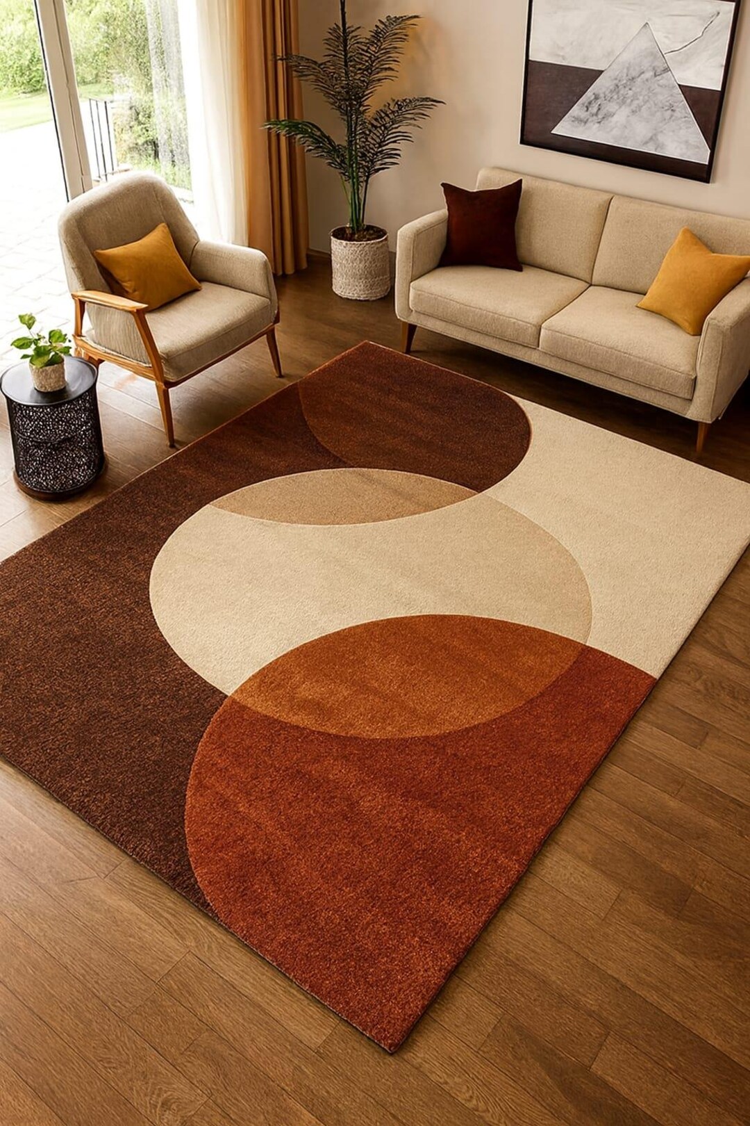 Handmade Modern Wool Area Rug – Overlapping Circle Motif in Burnt ...