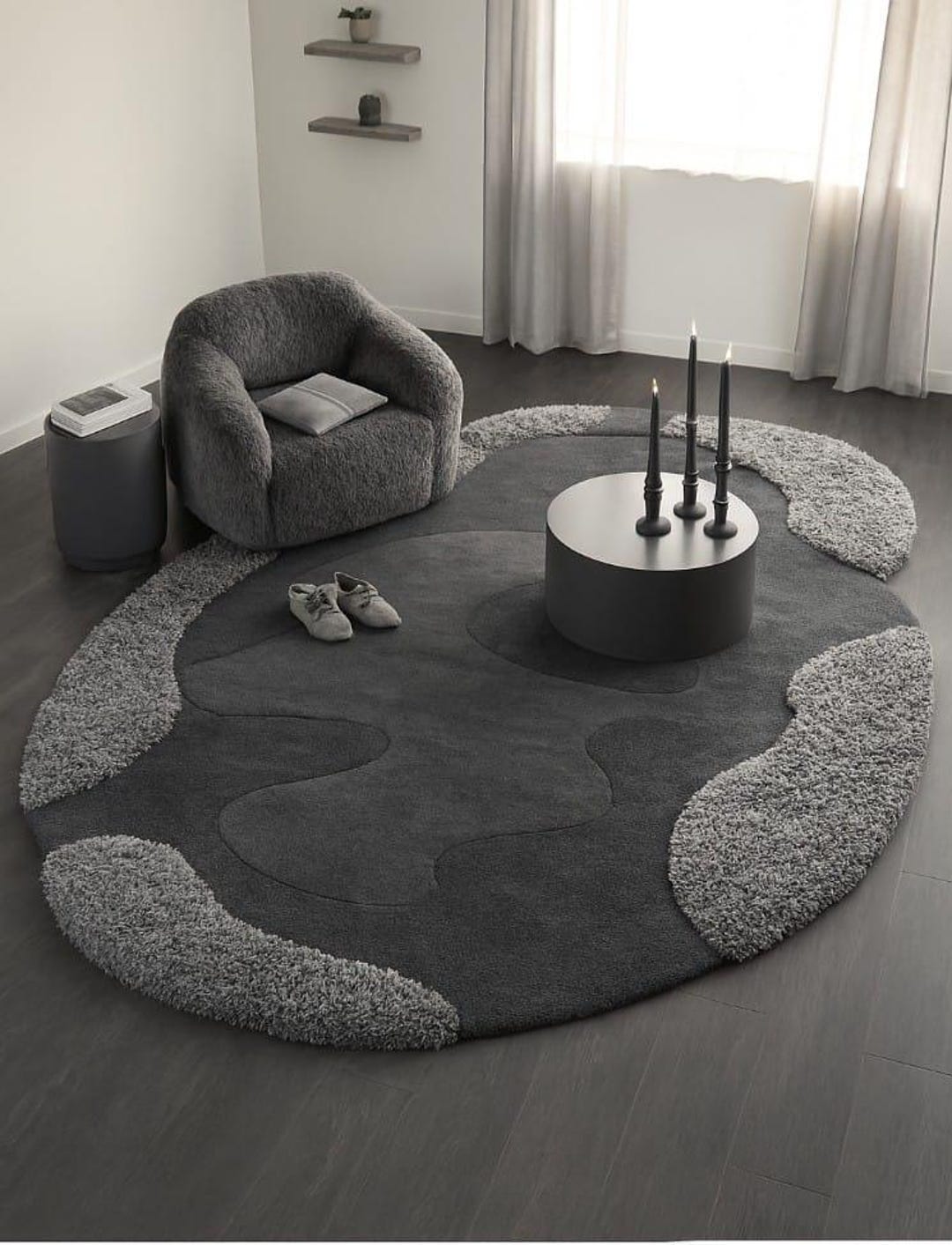 RESIDUE SHAGGY WOOL Grey Tone Rug Kidney Shape Rug for Living Room ...