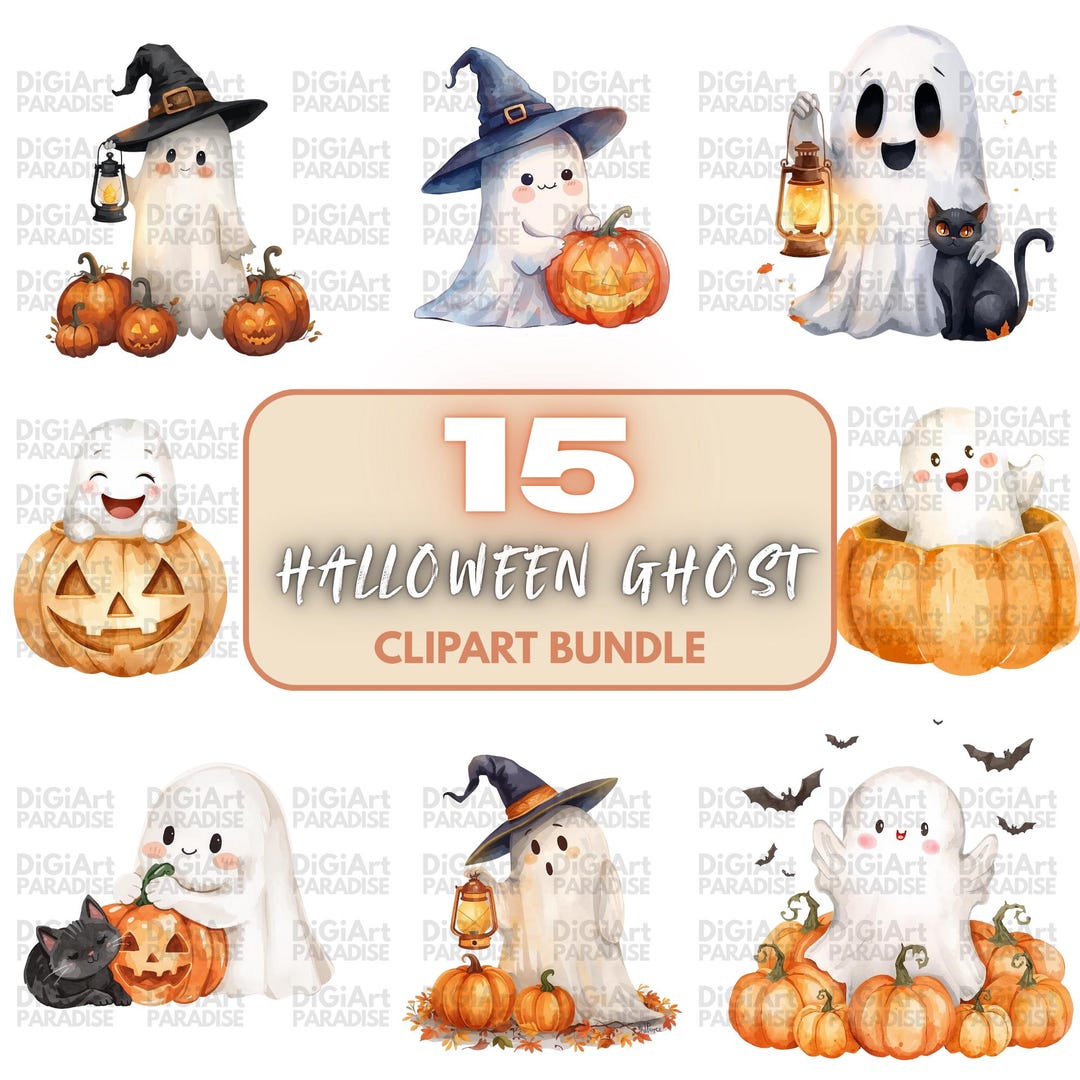 Halloween Ghost Clipart Bundle, Watercolor Pumpkins, Witch Hats ...