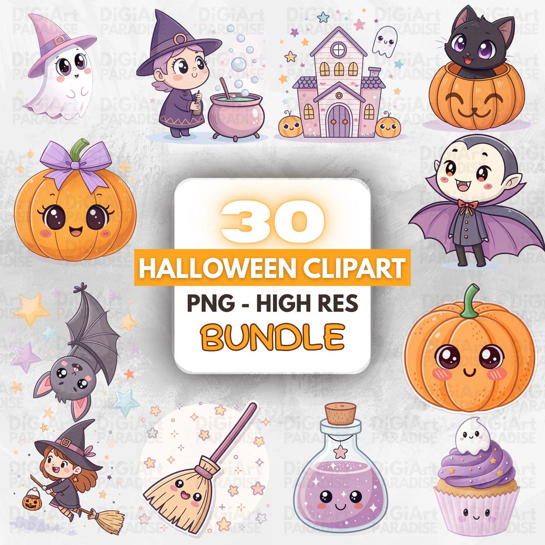 Kawaii Halloween Clipart Bundle: Pastel Ghost, Pumpkin, Witch Pngs ...