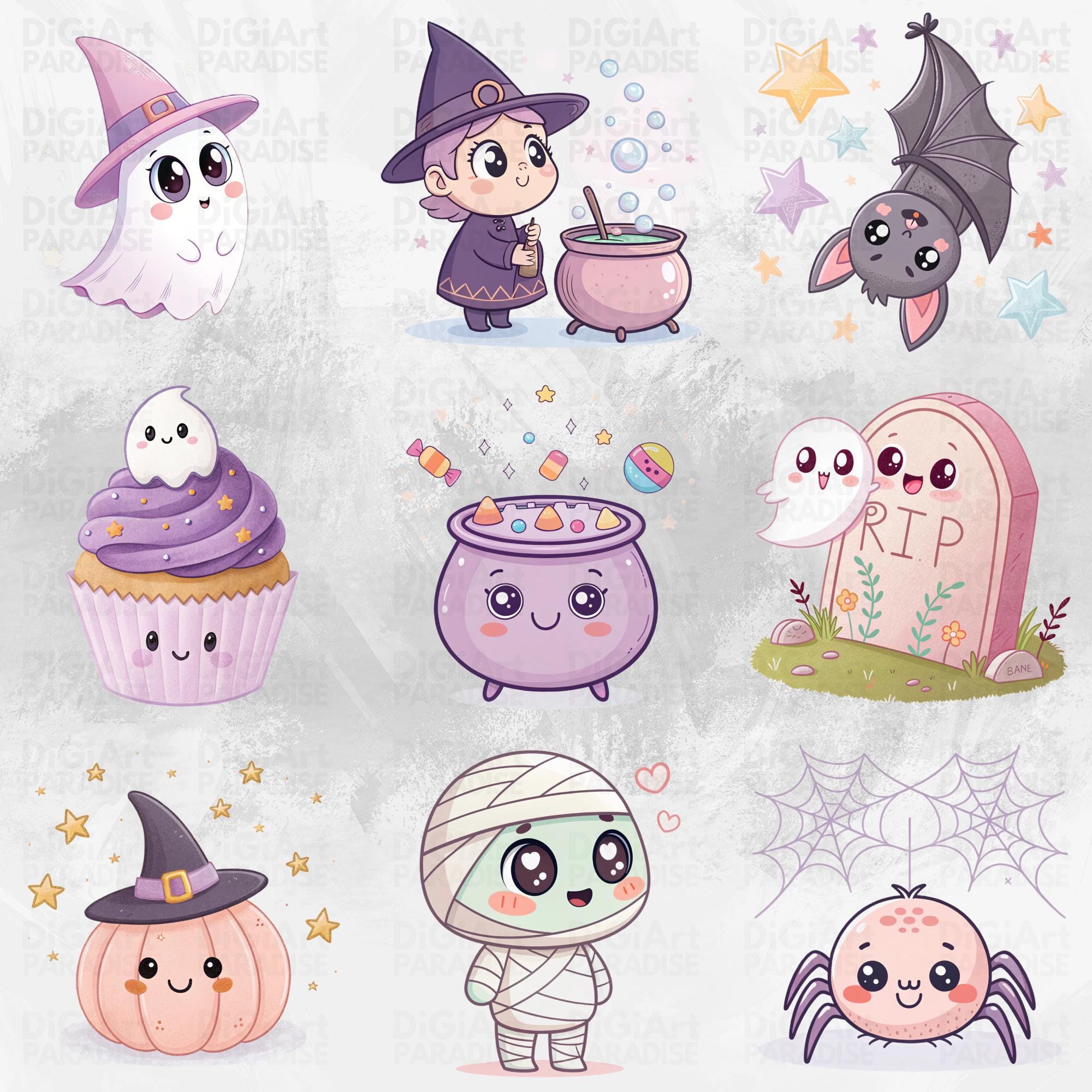 Kawaii Halloween Clipart Bundle: Pastel Ghost, Pumpkin, Witch Pngs ...