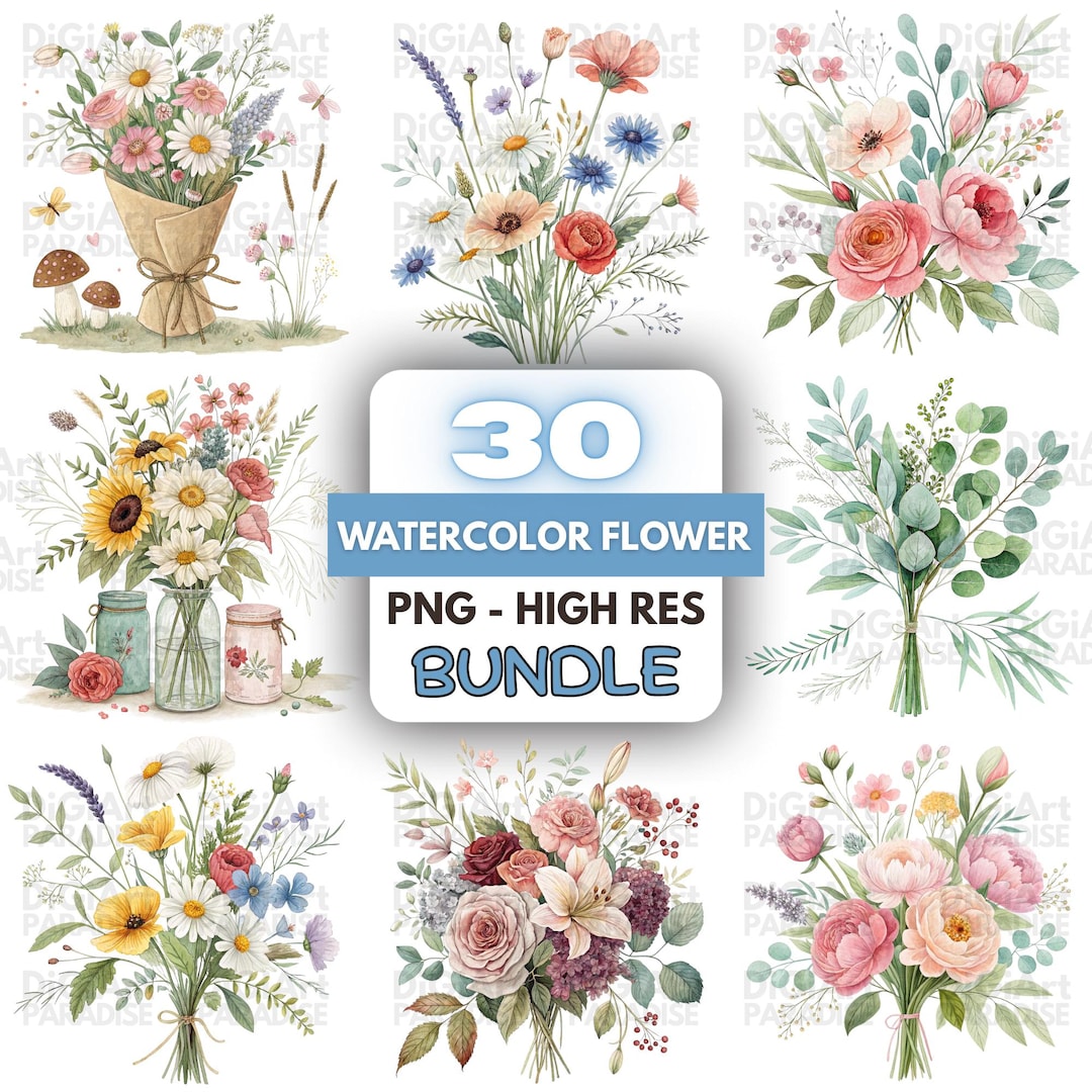 Watercolor Flower Clipart Bundle: High-res Floral Pngs (digital ...