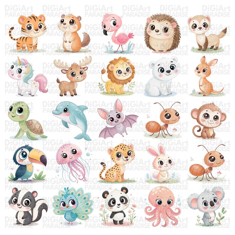 50 Cute Animal Clipart Pngs | Watercolor Chibi Animal Bundle | High-res ...