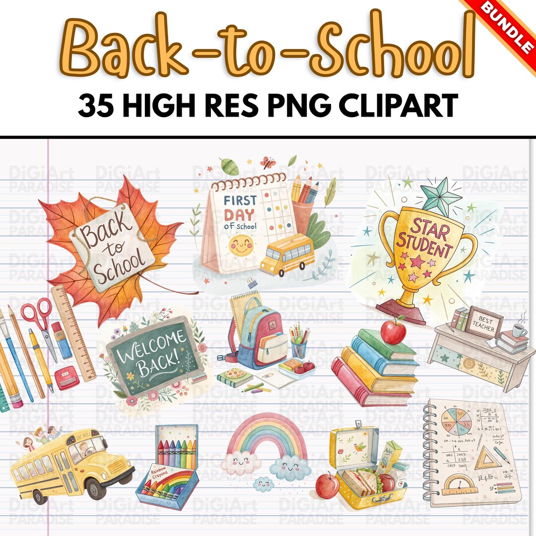 Back to School Clipart Bundle: 35 School Supply Pngs (instant Download ...