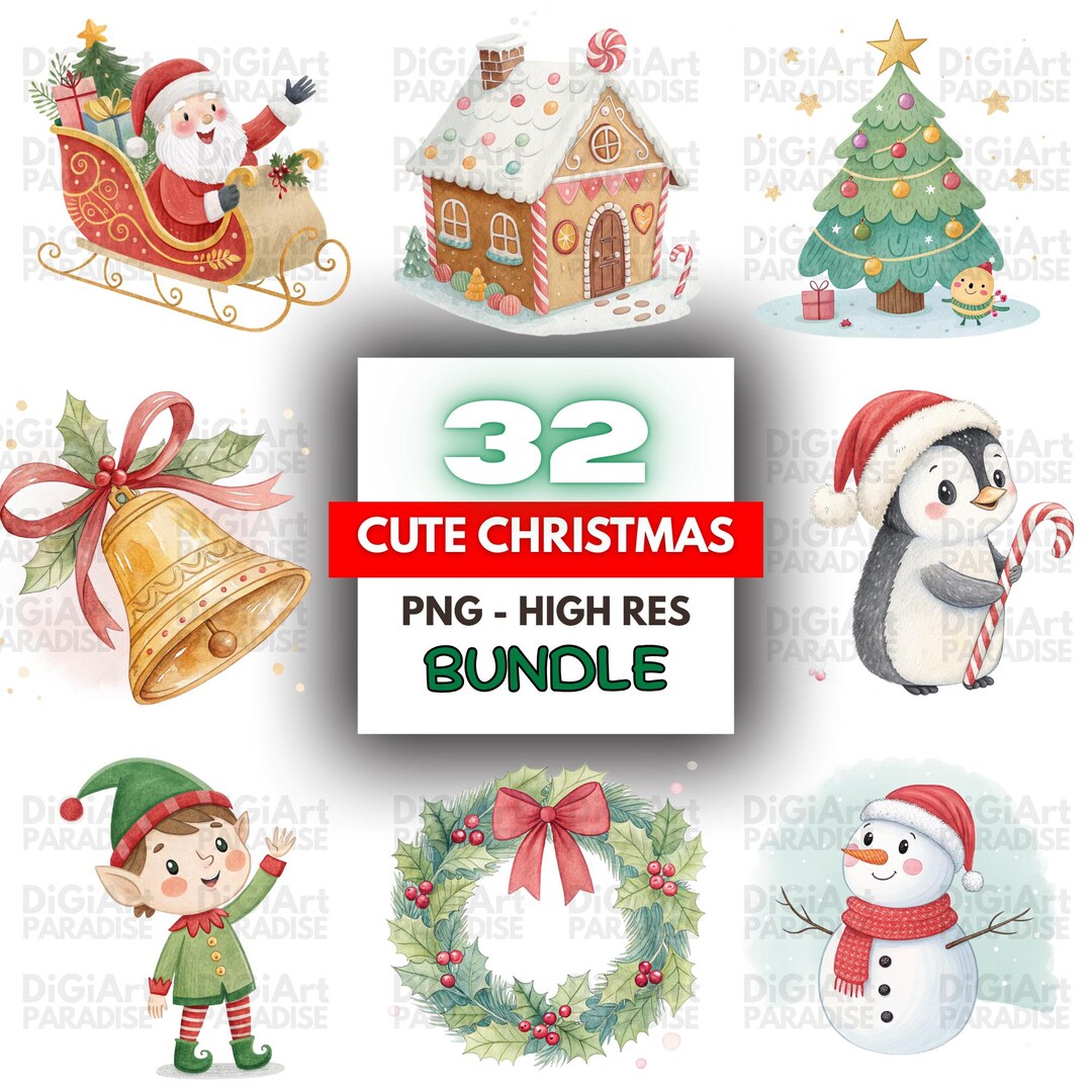 Watercolor Christmas Clipart, Holiday PNG Illustrations (32 Files) - Etsy