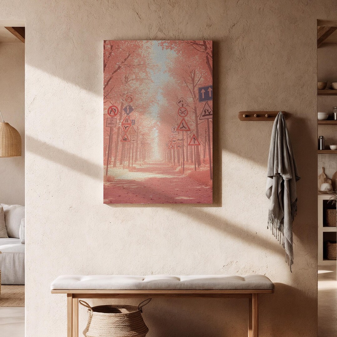 Forest Road Signs Canvas Wall Art, Surreal Autumn Path With Traffic ...