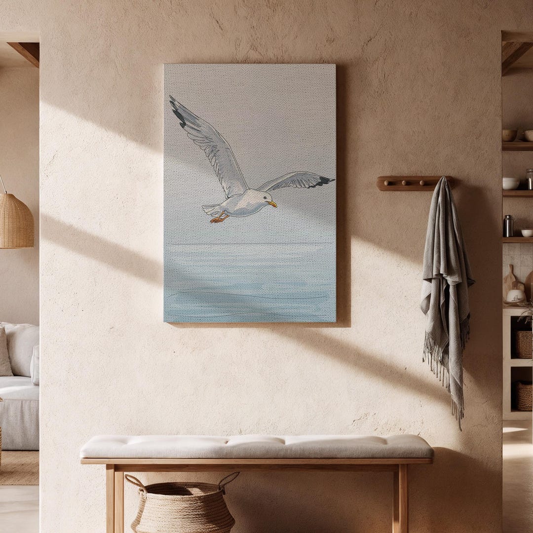 Seagull Canvas Wall Art, Coastal Ink Bird Print Over Ocean Horizon ...