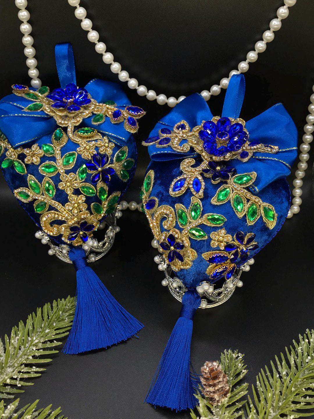 Royal Blue Heart Christmas Ornament, Set of 2, Gold Lace and Tassels - Etsy